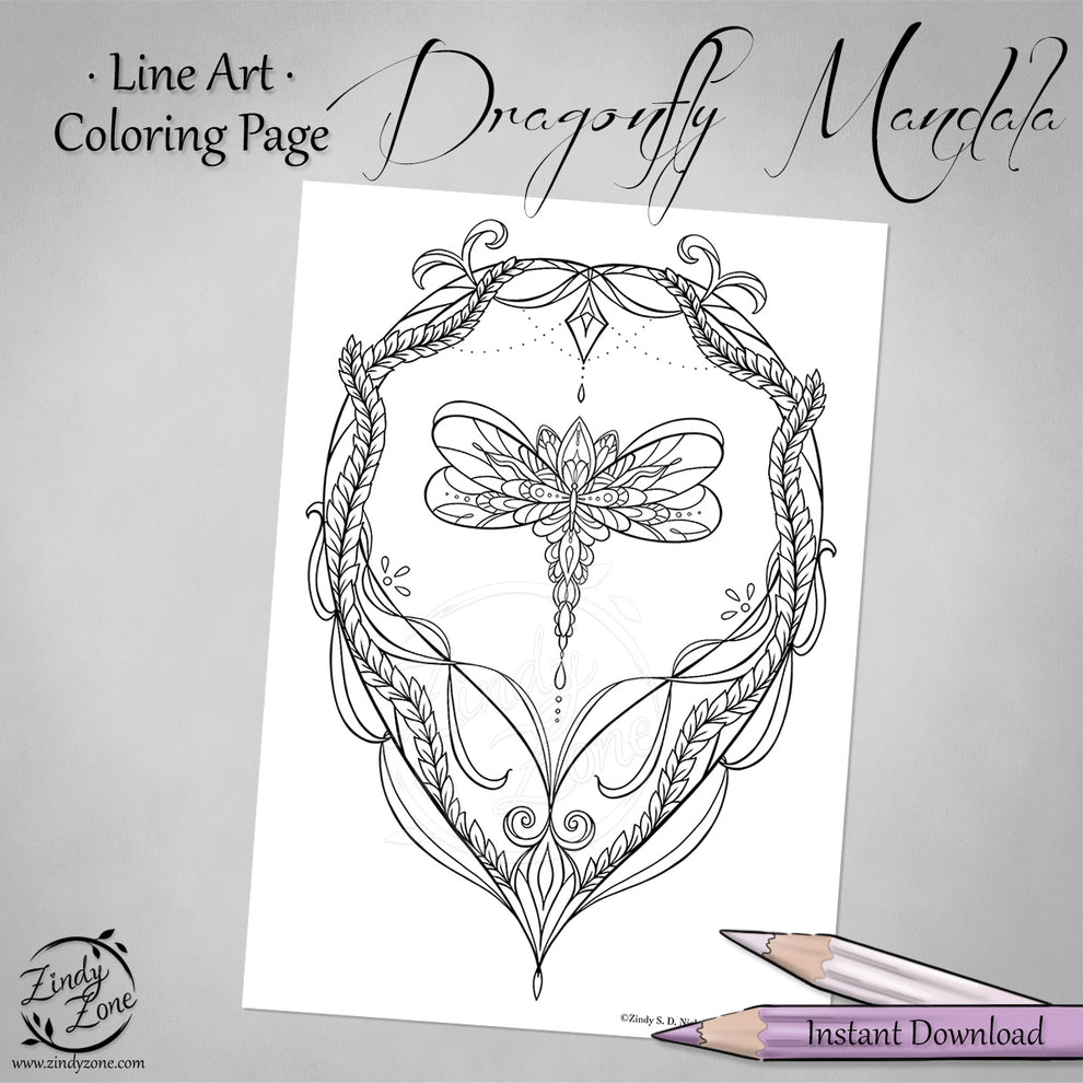 Dragonfly Mandala Line Art Coloring Page - ZindyZone