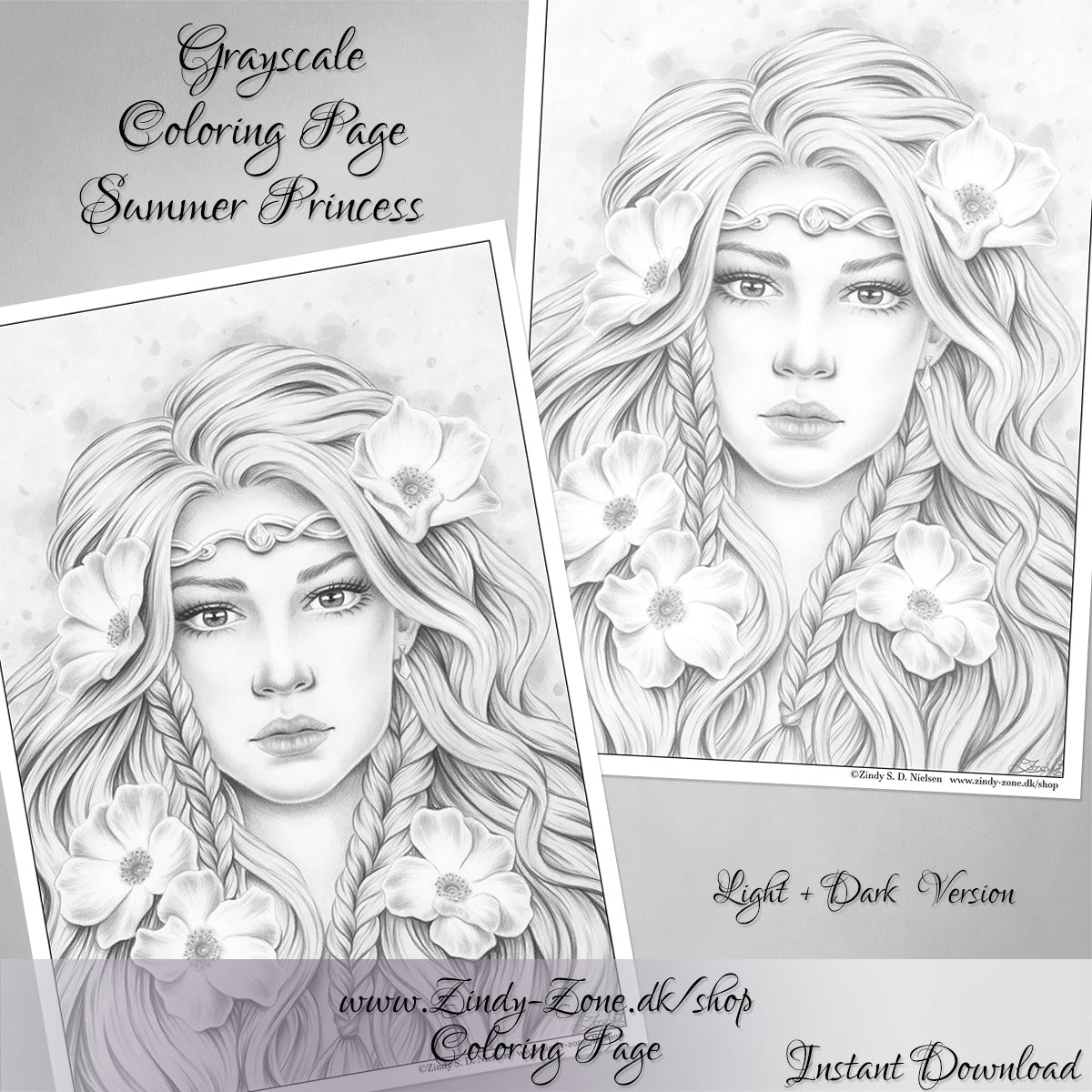 Summer Princess Grayscale Coloring Page - ZindyZone